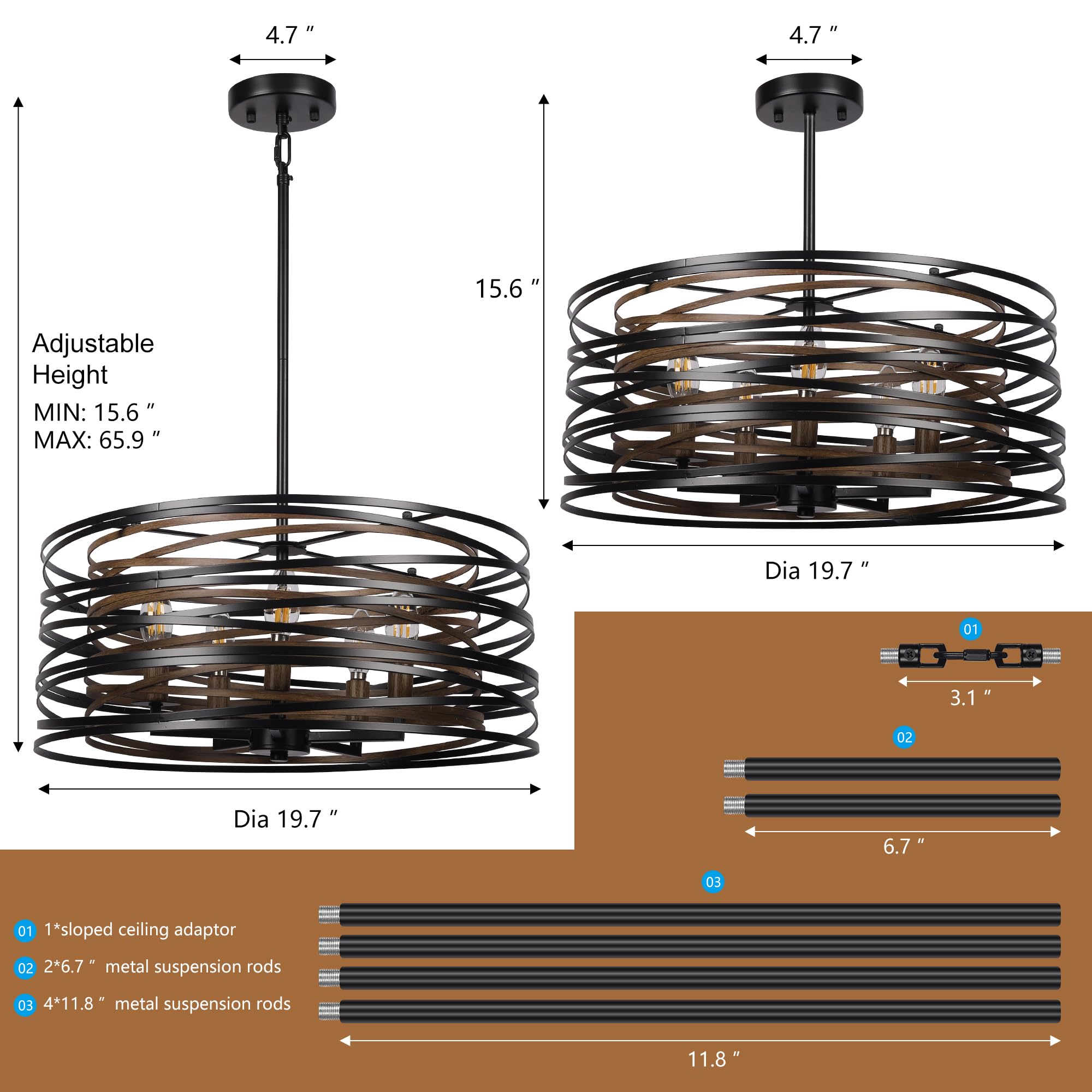 ACNKTZ 19.7'' Farmhouse Dining Room Light Fixture, 5-Light Metal Drum Chandelier, Black with Retro Wood Texture Interior