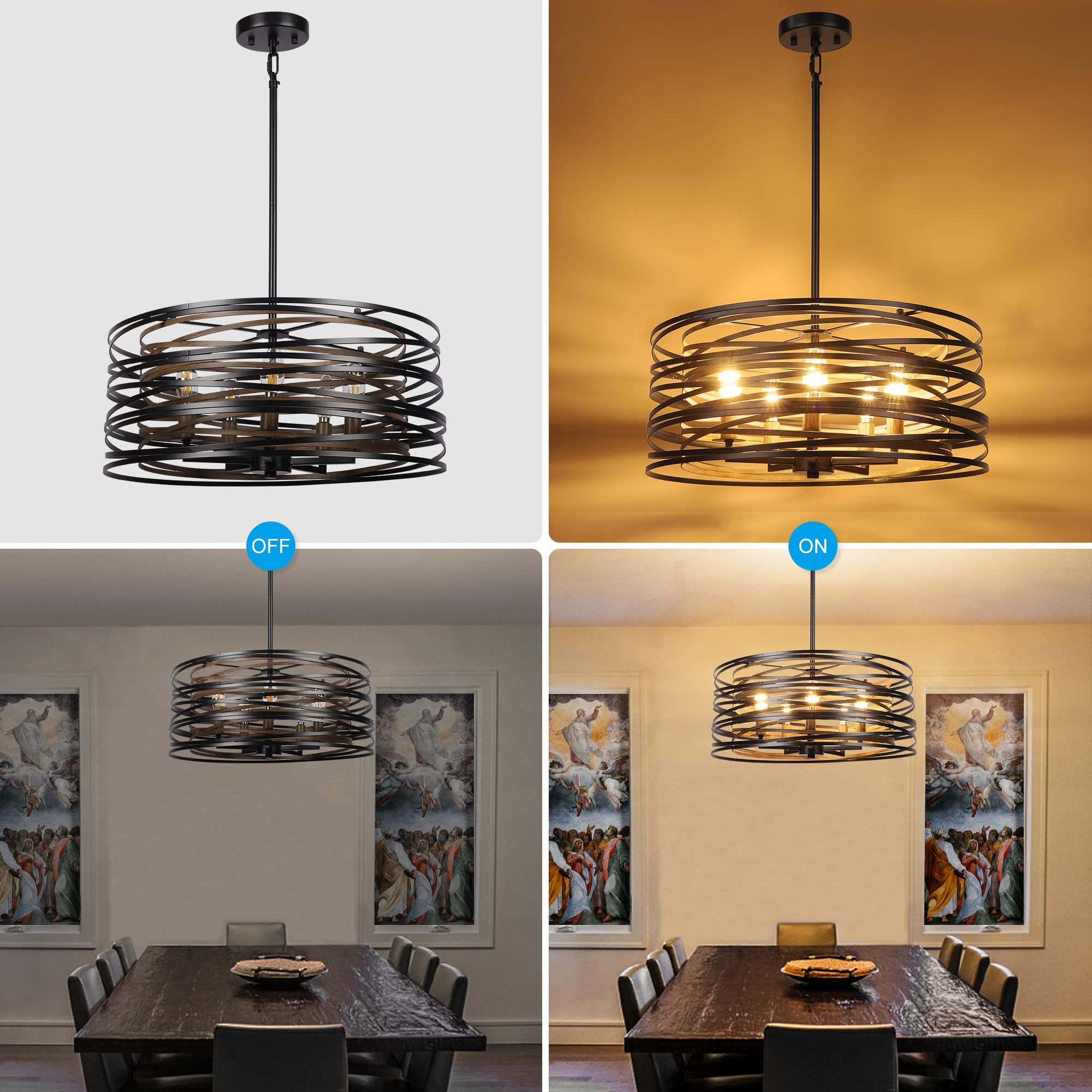 ACNKTZ 19.7'' Farmhouse Dining Room Light Fixture, 5-Light Metal Drum Chandelier, Black with Retro Wood Texture Interior