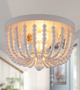 q&s white flush mount ceiling light fixtures,2-lights wood beaded boho chandeliers for nursery baby bedroom dining room living room kitchen hallway w11.81