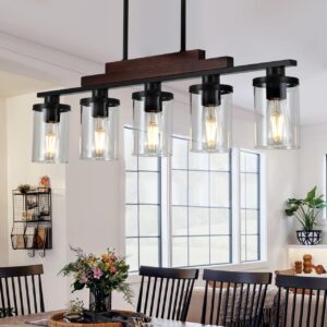 dining room light fixture/chandelier over table,5-light kitchen island lighting hanging for farmhouse linear chandeliers matte black rustic wood ceiling pendant light fixtures with clear glass shade