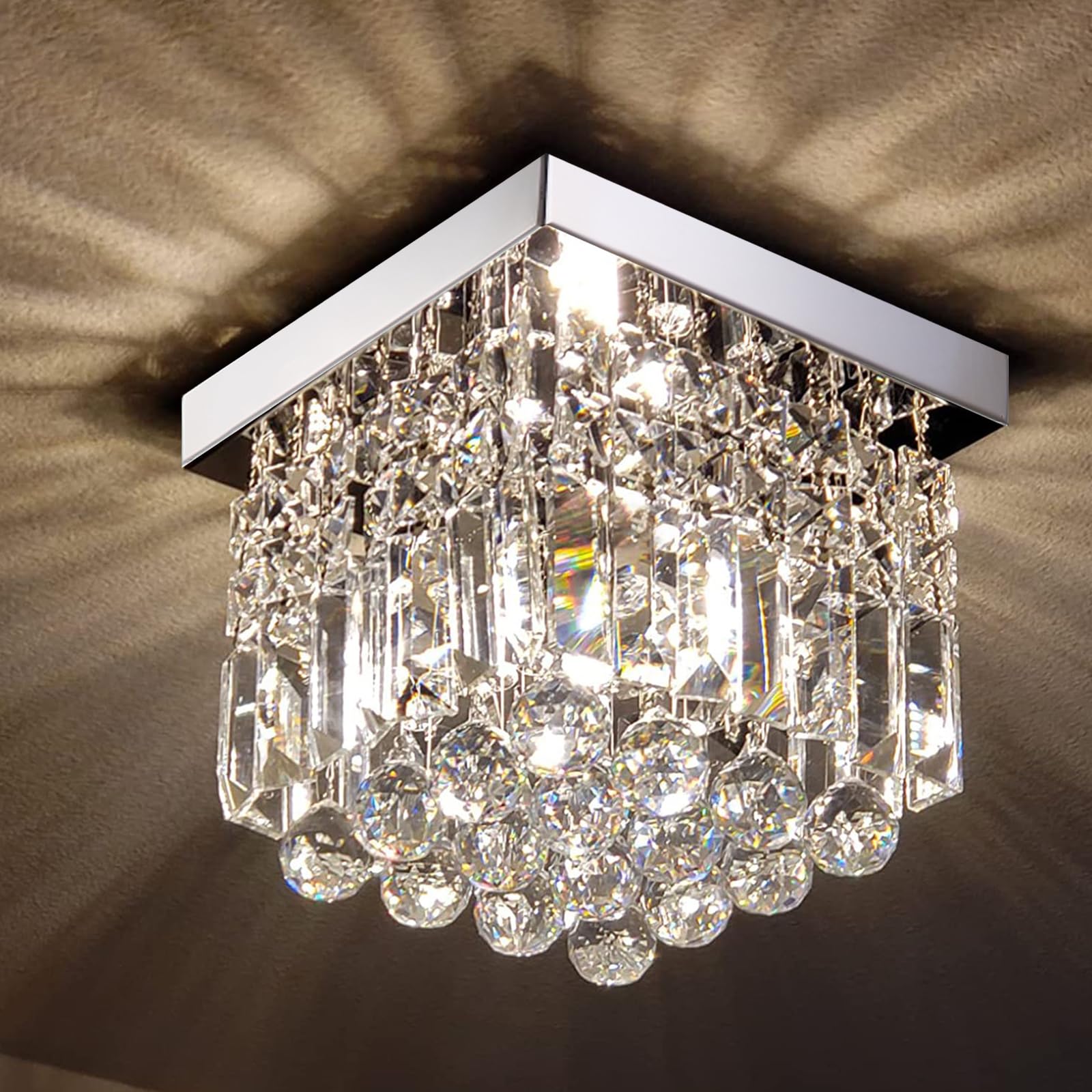 Moooni Chandelier, Hallway Crystal Chandelier, 1-Light Mini Modern Square Flush Mount Ceiling Light Fixture for Closet Foyer W8