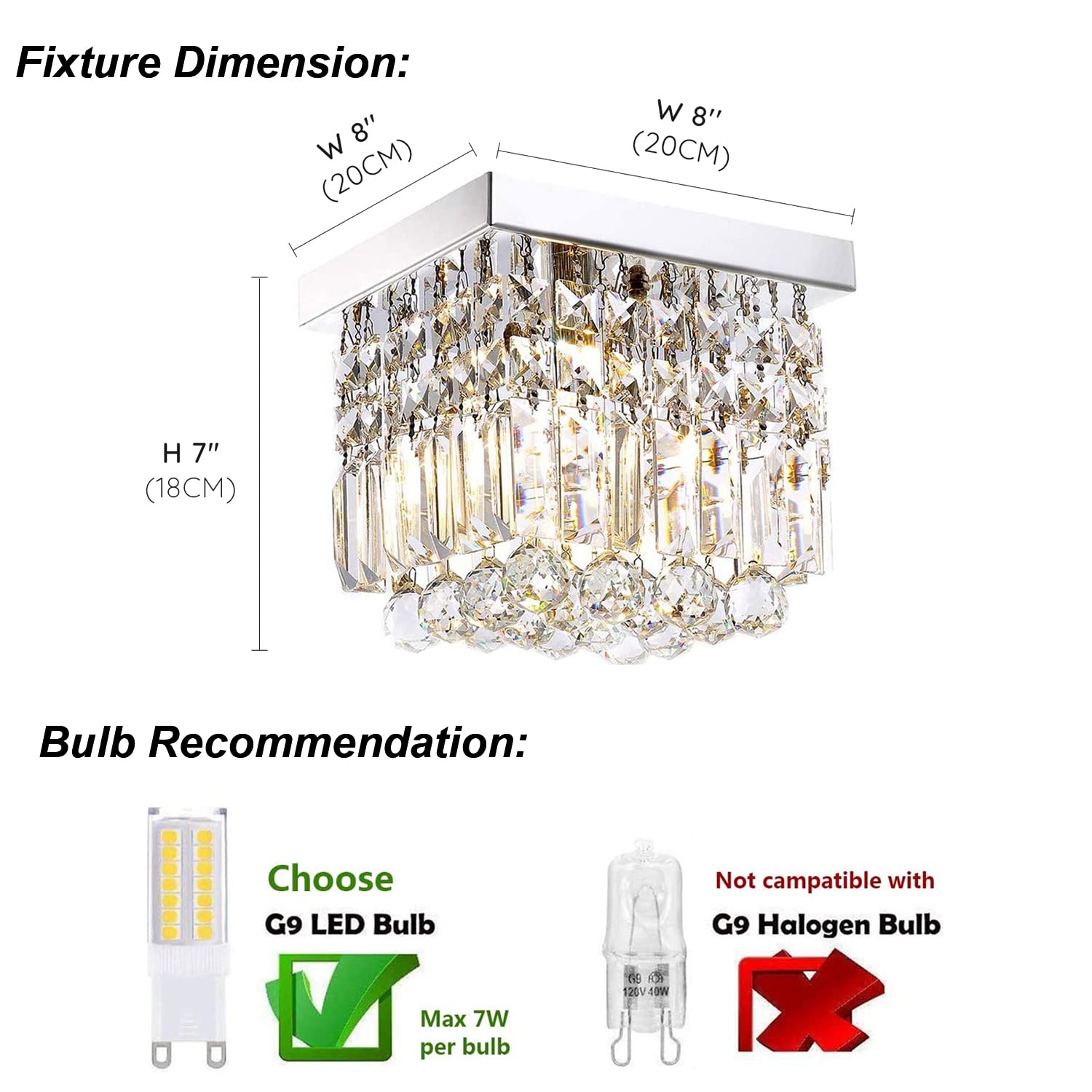 Moooni Chandelier, Hallway Crystal Chandelier, 1-Light Mini Modern Square Flush Mount Ceiling Light Fixture for Closet Foyer W8