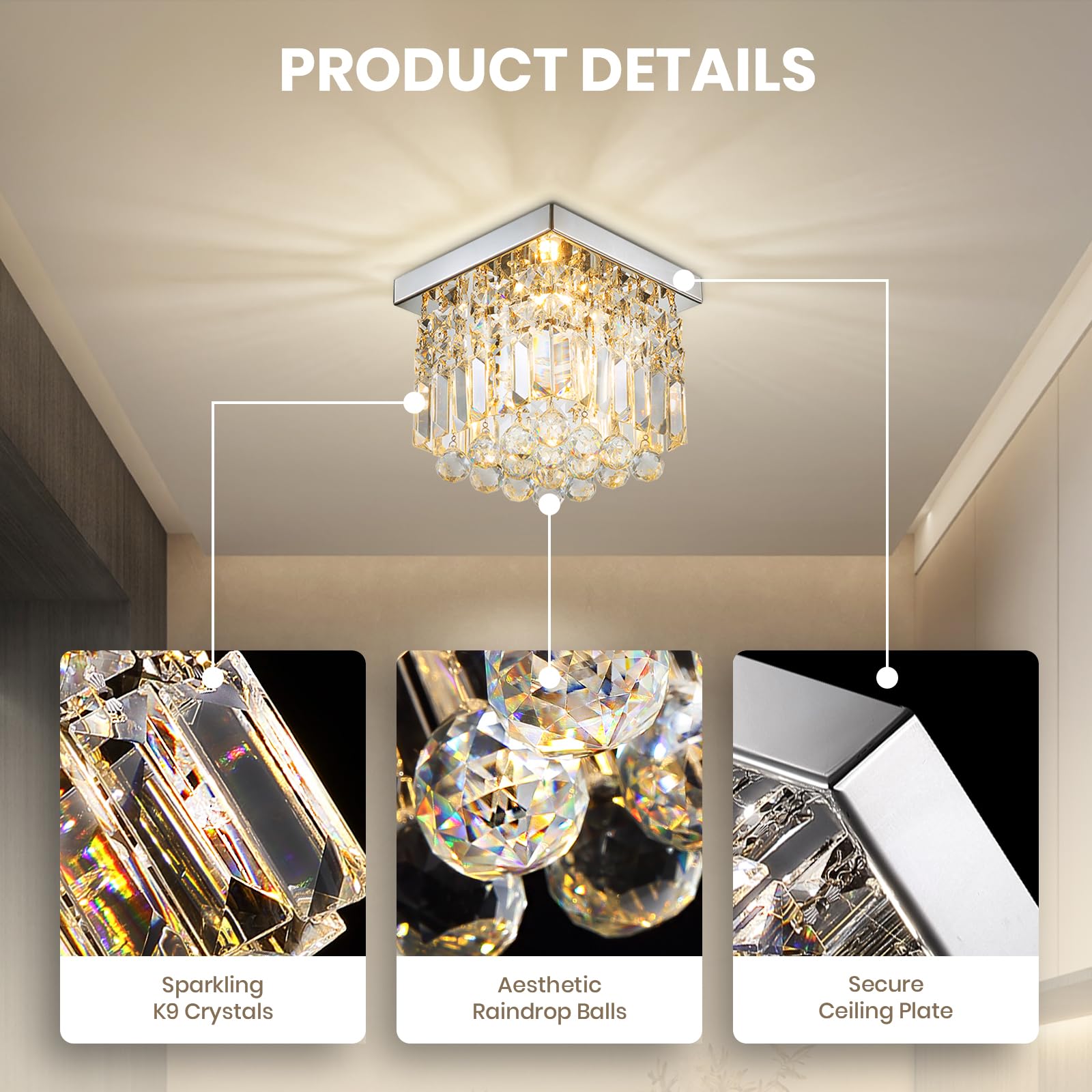 Moooni Chandelier, Hallway Crystal Chandelier, 1-Light Mini Modern Square Flush Mount Ceiling Light Fixture for Closet Foyer W8