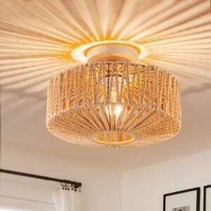 zswanbei boho light fixtures ceiling mount boho rattan ceiling light flush mount mini chandelier woven ceiling light fixture for bedroom hallway entryway bathroom nursery