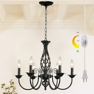 hoxiya dimmable plug in farmhouse chandelier 6 light for living room, 22" vintage hanging lights with cord, rustic ceiling hanging black chandelier for dining room bedroom hallway kitchen foyer