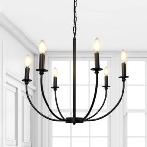 depuley 6-light black farmhouse chandelier, industrial meatl chandelier lighting fixtures hanging, classic candle pendant light fixture for dining room kitchen bedroom entryway foyer, e12