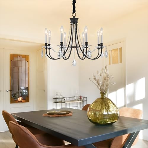 Kaluxry Black Crystal Chandeliers,8 Lights Farmhouse Crystals chandelier for Dining Room, French Century Ceiling Light Fixtures Modern Vintage Pendant Lighting for Living Room, Bedroom, foyer