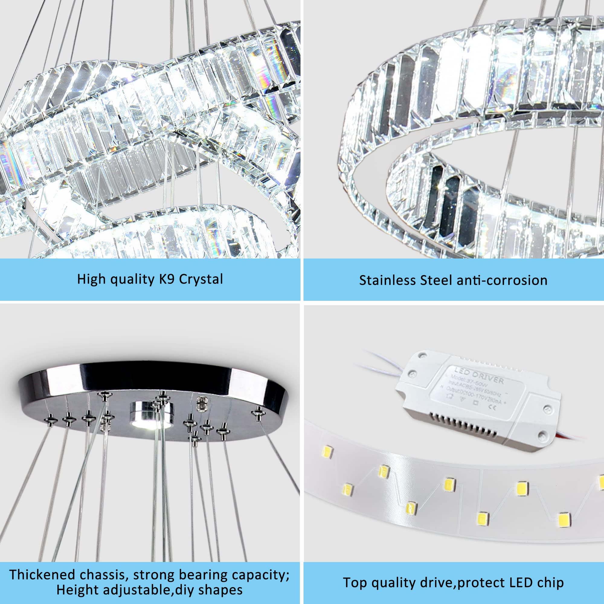 YPQXYHDA Modern Crystal Chandelier LED Pendant Light 4 Ring Chandelier LED Crystal Chandeliers for Dining Room Bedroom Living Room Dia 7.9"-11.8"-15.7"-19.7"