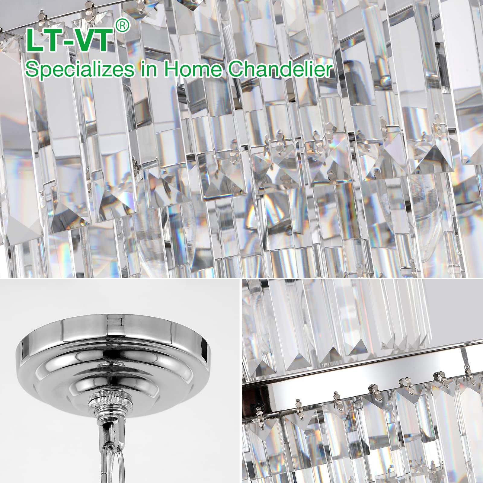 Lt-vt Chrome Modern Style Crystal Chandeliers & LightsRound Hanging Classic, Pendant Ceiling Chandelier Lighting Fixture 5-Tier for Dining Room Living Room(Chrome,24 inch)