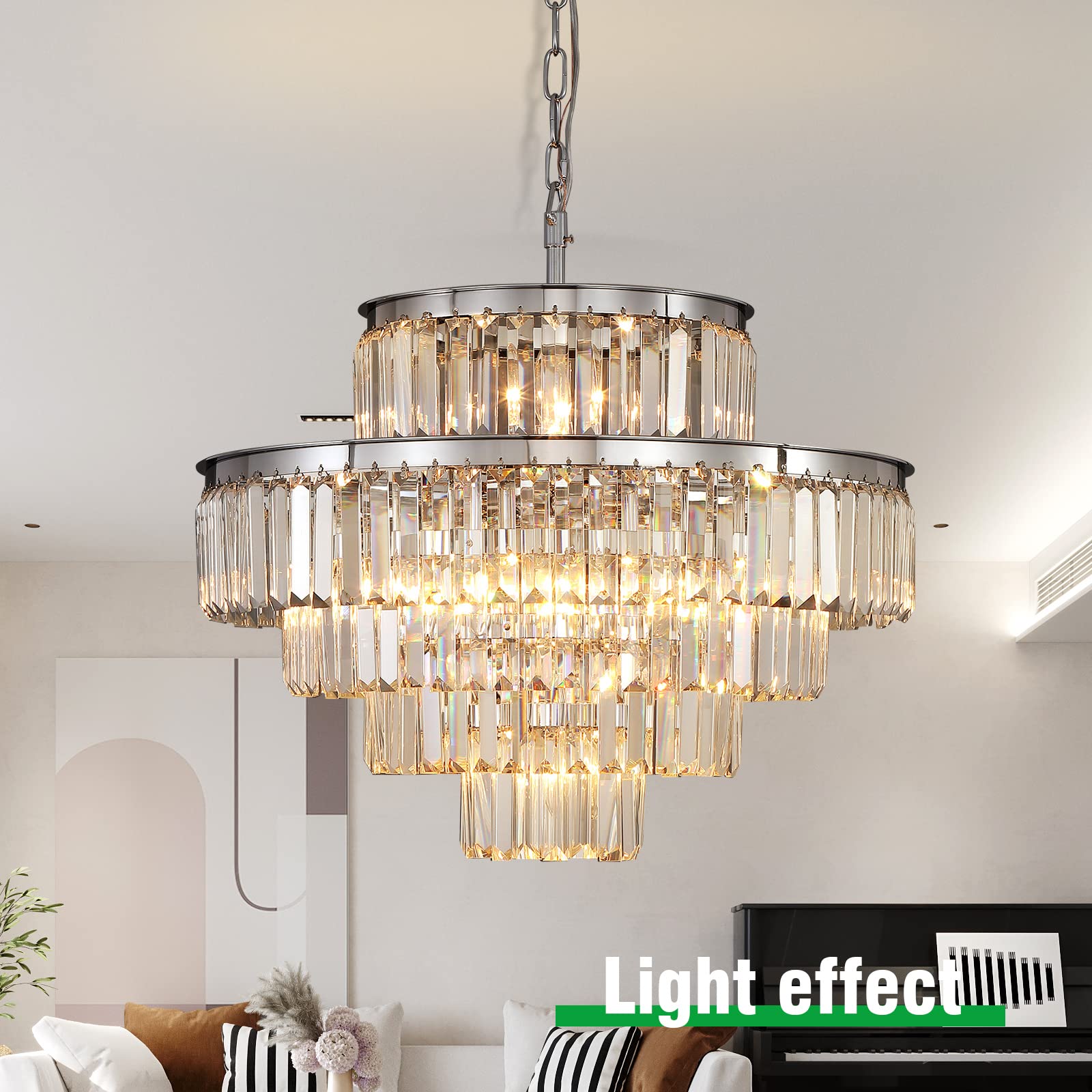 Lt-vt Chrome Modern Style Crystal Chandeliers & LightsRound Hanging Classic, Pendant Ceiling Chandelier Lighting Fixture 5-Tier for Dining Room Living Room(Chrome,24 inch)