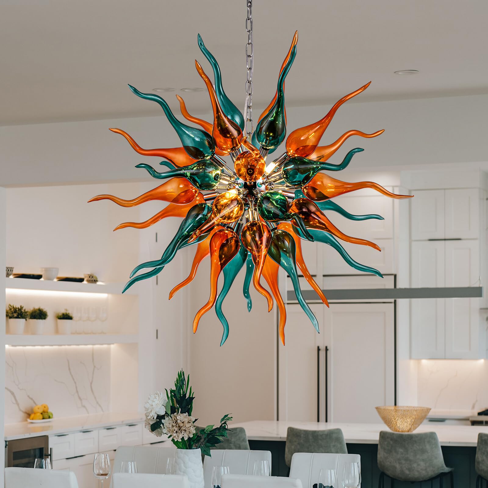 kelary Hand Blown Glass Chandeliers Living Room Modern Luxury Hanging Pendant Light Fixture Adjustable Height for Dinning Room/Lobby/Stairway/Bedroom/Study Room/Kids Room