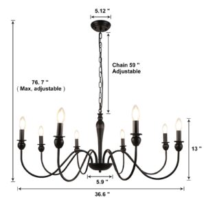 WBinDX Black Chandelier Farmhouse Dining Room Light Fixture, 8 Lights 36.6 Inch Rustic Industrial Iron Hanging Chandeliers for Entryway Foyer Living Room Bedroom