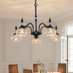 cnratye 5-light vintage black crystal chandeliers for dining room, antique victorian chandelier, modern farmhouse hanging light fixtures for kitchen island living room bathroom office