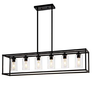 hccz 6 light dining room light fixture black farmhouse chandelier kitchen island pendant lighting rectangle modern industrial living room hanging lights adjustable height