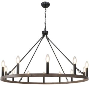 wbindx 12 lights wagon wheel chandelier, 38.2 inch large black faux wood metal farmhouse chandelier lighting, rustic candle round chandeliers for living room foyer entryway high ceilings