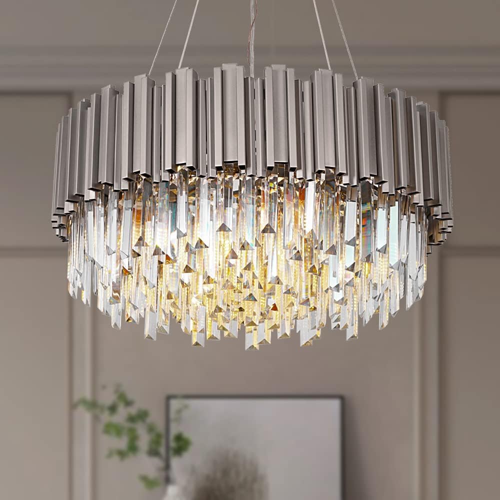 MEELIGHTING Nickel Luxury Modern Crystal Chandelier lighting Contemporary Raindrop Chandeliers Pendant Ceiling lights Fixture for Dining Room Living Room Bedroom Kitchen W22