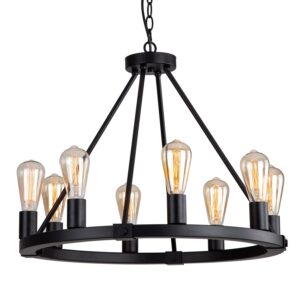 9mmml 23.6" 8 lights wagon wheel chandelier,black metal round industrial vintage kitchen island pendant light for living dining room foyer entryway,height adjustable,e26.