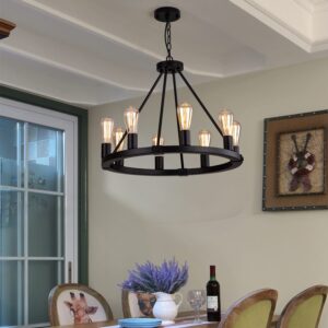 9MMML 23.6" 8 Lights Wagon Wheel Chandelier,Black Metal Round Industrial Vintage Kitchen Island Pendant Light for Living Dining Room Foyer Entryway,Height Adjustable,E26.