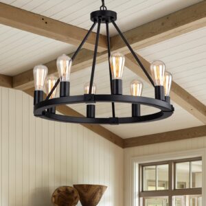 9MMML 23.6" 8 Lights Wagon Wheel Chandelier,Black Metal Round Industrial Vintage Kitchen Island Pendant Light for Living Dining Room Foyer Entryway,Height Adjustable,E26.