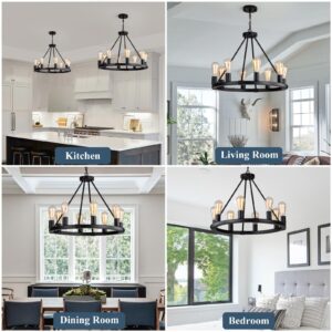 9MMML 23.6" 8 Lights Wagon Wheel Chandelier,Black Metal Round Industrial Vintage Kitchen Island Pendant Light for Living Dining Room Foyer Entryway,Height Adjustable,E26.