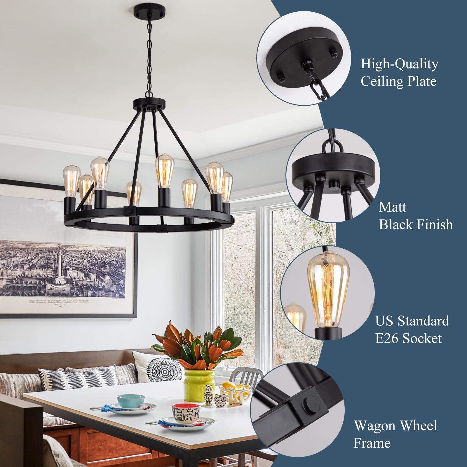 9MMML 23.6" 8 Lights Wagon Wheel Chandelier,Black Metal Round Industrial Vintage Kitchen Island Pendant Light for Living Dining Room Foyer Entryway,Height Adjustable,E26.