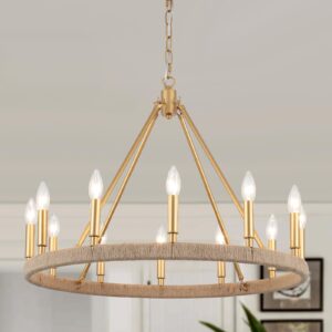 ashuaqi gold wagon wheel chandelier 12 light modern farmhouse round chandeliers for dining room rustic vintage pendant light fixtures for high ceilings living room foyer entryway