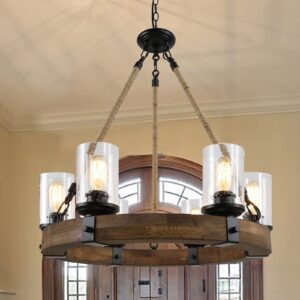 rustic 6 light wagon wheel chandelier, round wood pendant light with seeded glass shade, farmhouse chandeliers for dining room kitchen island foyer entryway