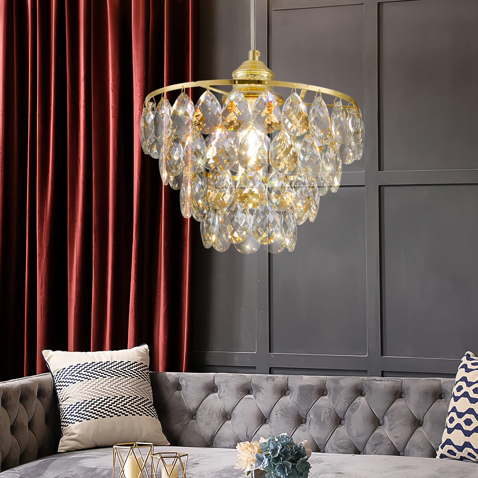 Modern Crystal Chandelier Light Fixtures, Mini Crystal Chandelier Ceiling Light Small, Raindrop Pendant Lighting, Gold Ceiling Lamp Hanging Lights for Bedroom Bathroom Closet Hallway Kitchen Island