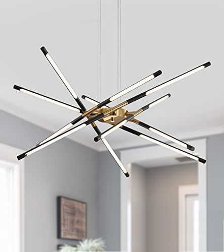 Q&S LED Modern Sputnik Chandelier,Black and Gold Mid-Century Dimmable Chandeliers with Remote for Dining Room Living Room 12 Lights