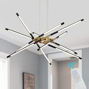 Q&S LED Modern Sputnik Chandelier,Black and Gold Mid-Century Dimmable Chandeliers with Remote for Dining Room Living Room 12 Lights