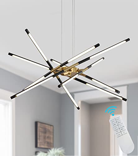 Q&S LED Modern Sputnik Chandelier,Black and Gold Mid-Century Dimmable Chandeliers with Remote for Dining Room Living Room 12 Lights