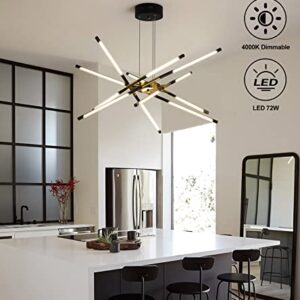 Q&S LED Modern Sputnik Chandelier,Black and Gold Mid-Century Dimmable Chandeliers with Remote for Dining Room Living Room 12 Lights