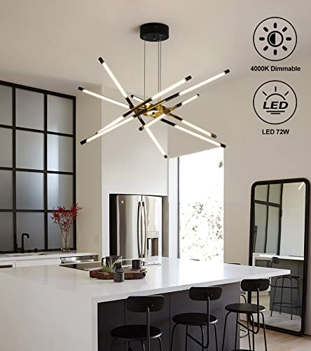 Q&S LED Modern Sputnik Chandelier,Black and Gold Mid-Century Dimmable Chandeliers with Remote for Dining Room Living Room 12 Lights