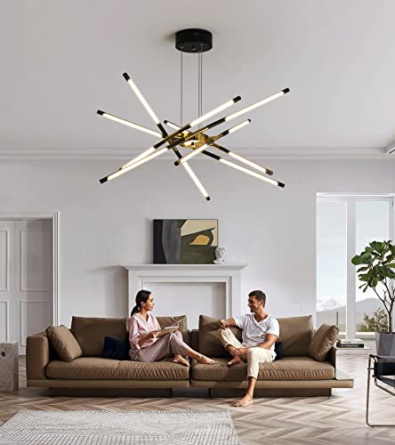 Q&S LED Modern Sputnik Chandelier,Black and Gold Mid-Century Dimmable Chandeliers with Remote for Dining Room Living Room 12 Lights