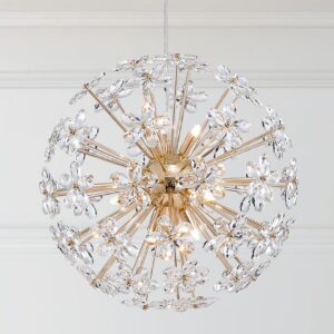 shrine lighting dandelion crystal chandeliers, modern design, firework pendant light fixture for living space, h17'' x d17'', adjustable chains 59'', g9*9 sockets, brilliant gold finish frame