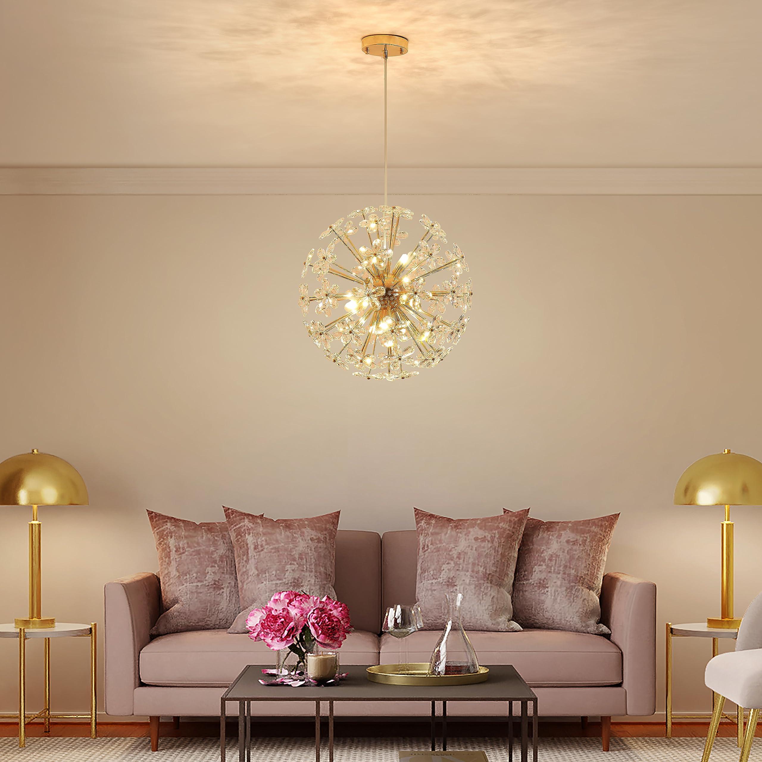 Shrine LIGHTING Dandelion Crystal Chandeliers, Modern Design, Firework Pendant Light Fixture for Living Space, H17'' x D17'', Adjustable Chains 59'', G9*9 Sockets, Brilliant Gold Finish Frame