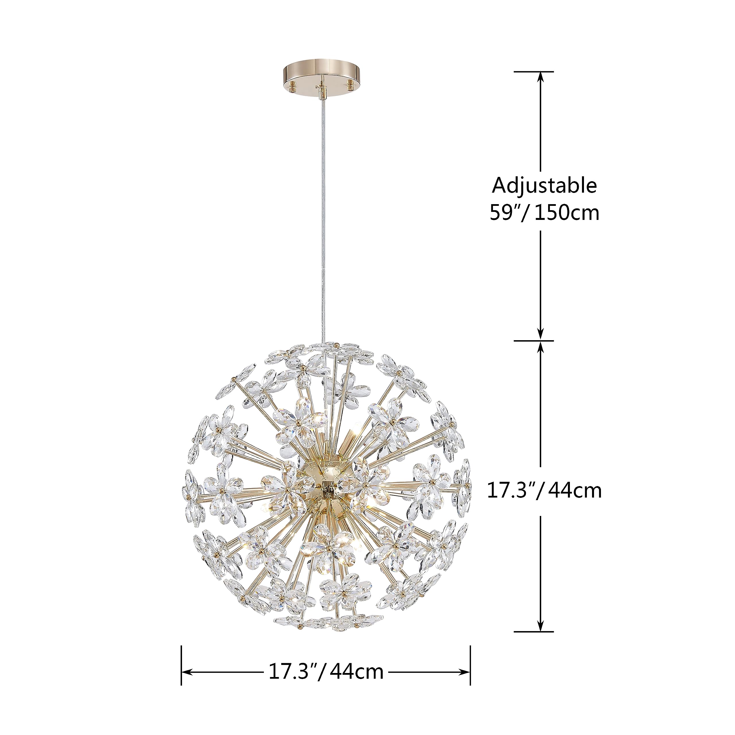 Shrine LIGHTING Dandelion Crystal Chandeliers, Modern Design, Firework Pendant Light Fixture for Living Space, H17'' x D17'', Adjustable Chains 59'', G9*9 Sockets, Brilliant Gold Finish Frame