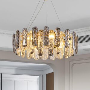 hossee round crystal chandelier light fixture, modern k9 crystal pendant lighting, gold chandelier for dining room living room bedroom foyer