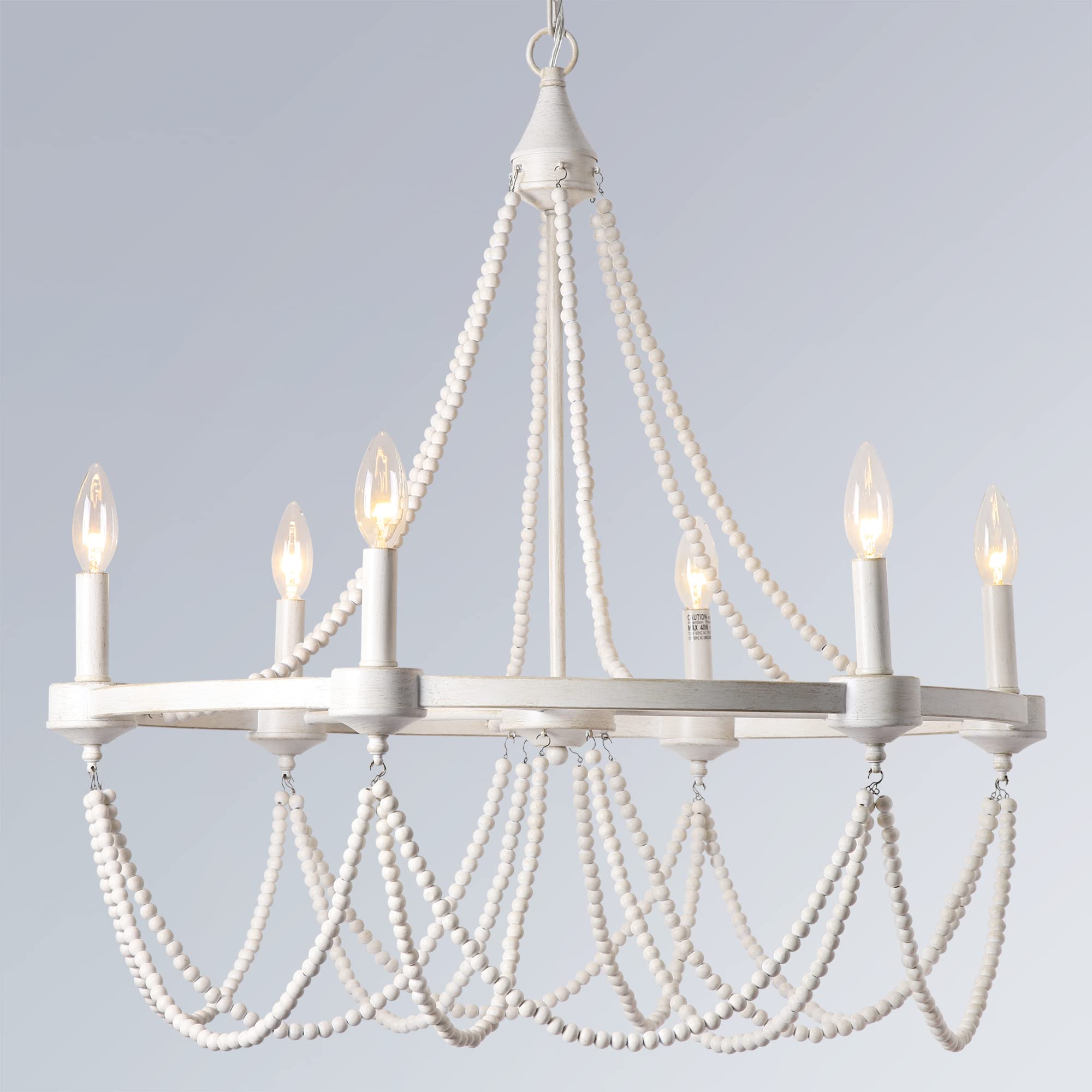 28 Inch White Beaded Chandelier Bohemian Style, 6-Light Retro Wood Country Chandelier, Farmhouse Chandeliers for Dining Room, (Bulb Not Included)