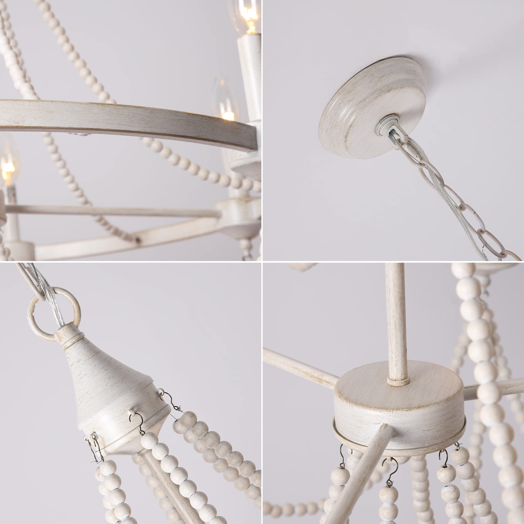 28 Inch White Beaded Chandelier Bohemian Style, 6-Light Retro Wood Country Chandelier, Farmhouse Chandeliers for Dining Room, (Bulb Not Included)