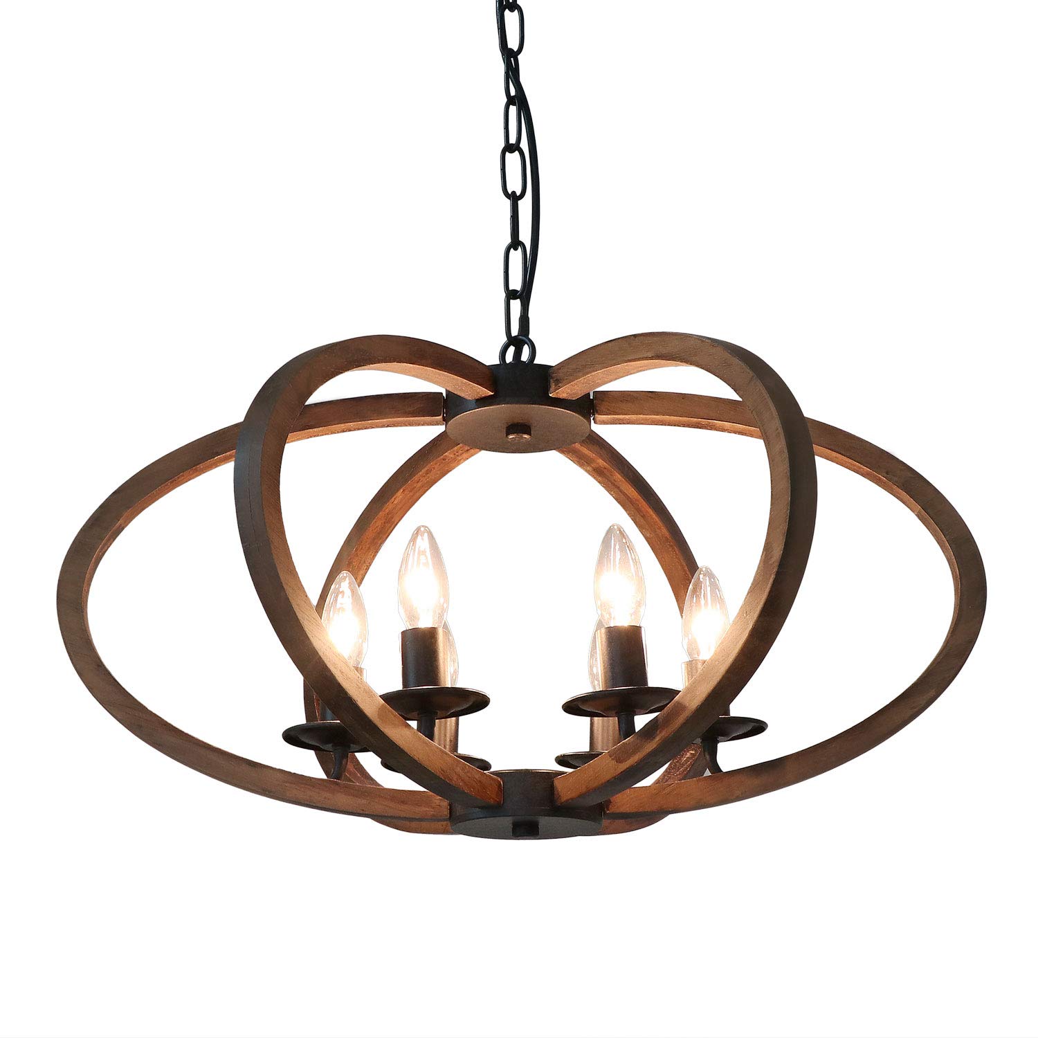 Anmytek Wood Metal Chandelier Rustic Farmhouse Style Flower Shape Wood Frame Adjustable Chain Pendant Lighting E12 Base Bulb Hanging Light Vintage Ceiling Kitchen Island Light Fixture 6-Lights (C0072)