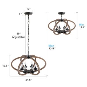 Anmytek Wood Metal Chandelier Rustic Farmhouse Style Flower Shape Wood Frame Adjustable Chain Pendant Lighting E12 Base Bulb Hanging Light Vintage Ceiling Kitchen Island Light Fixture 6-Lights (C0072)