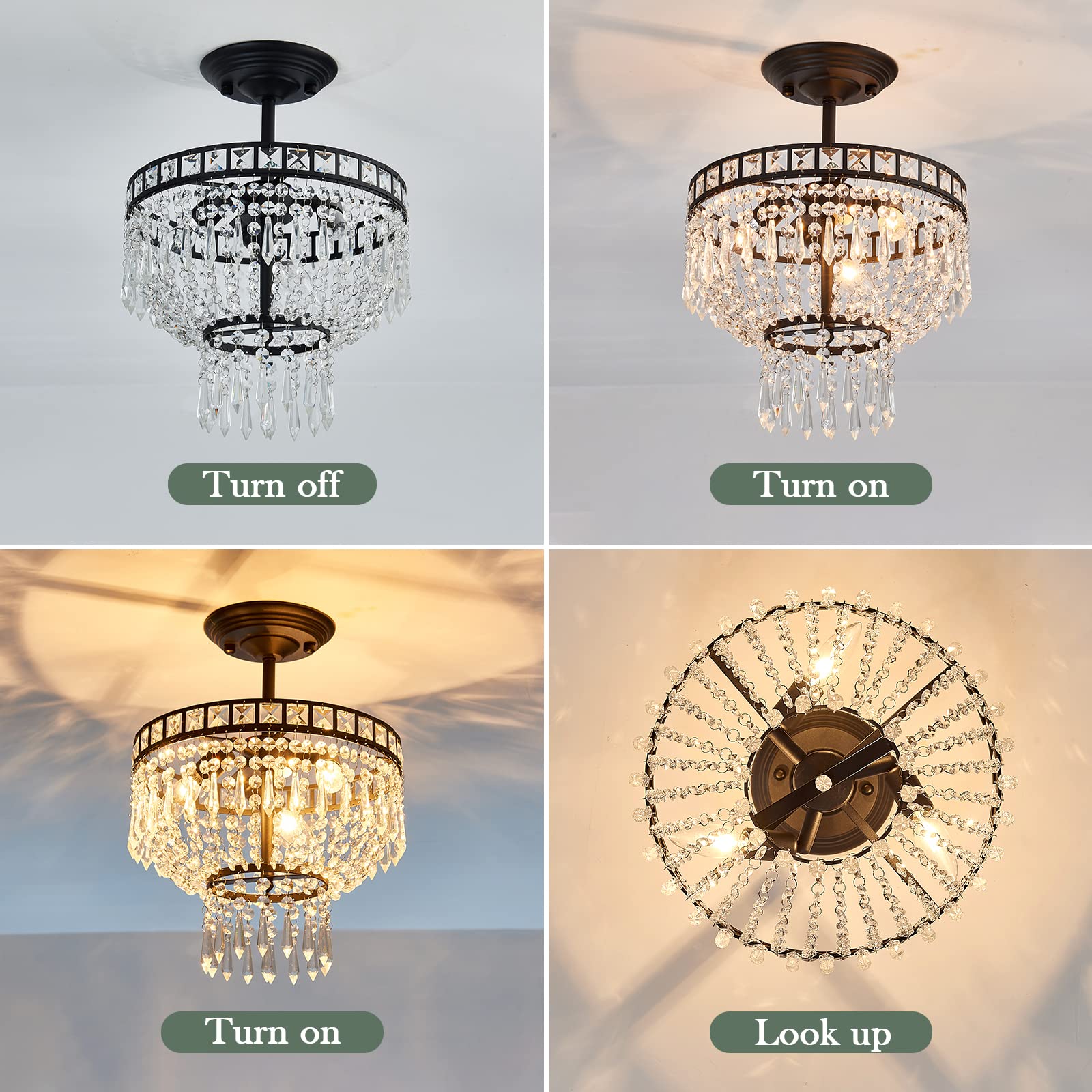 DAFKOS Modern Crystal Chandelier 3 Lights Semi Flush Mount Ceiling Light Fixture Black Farmhouse ceiling lamp for Bedroom Living Room Dining Room Entryway Hallway