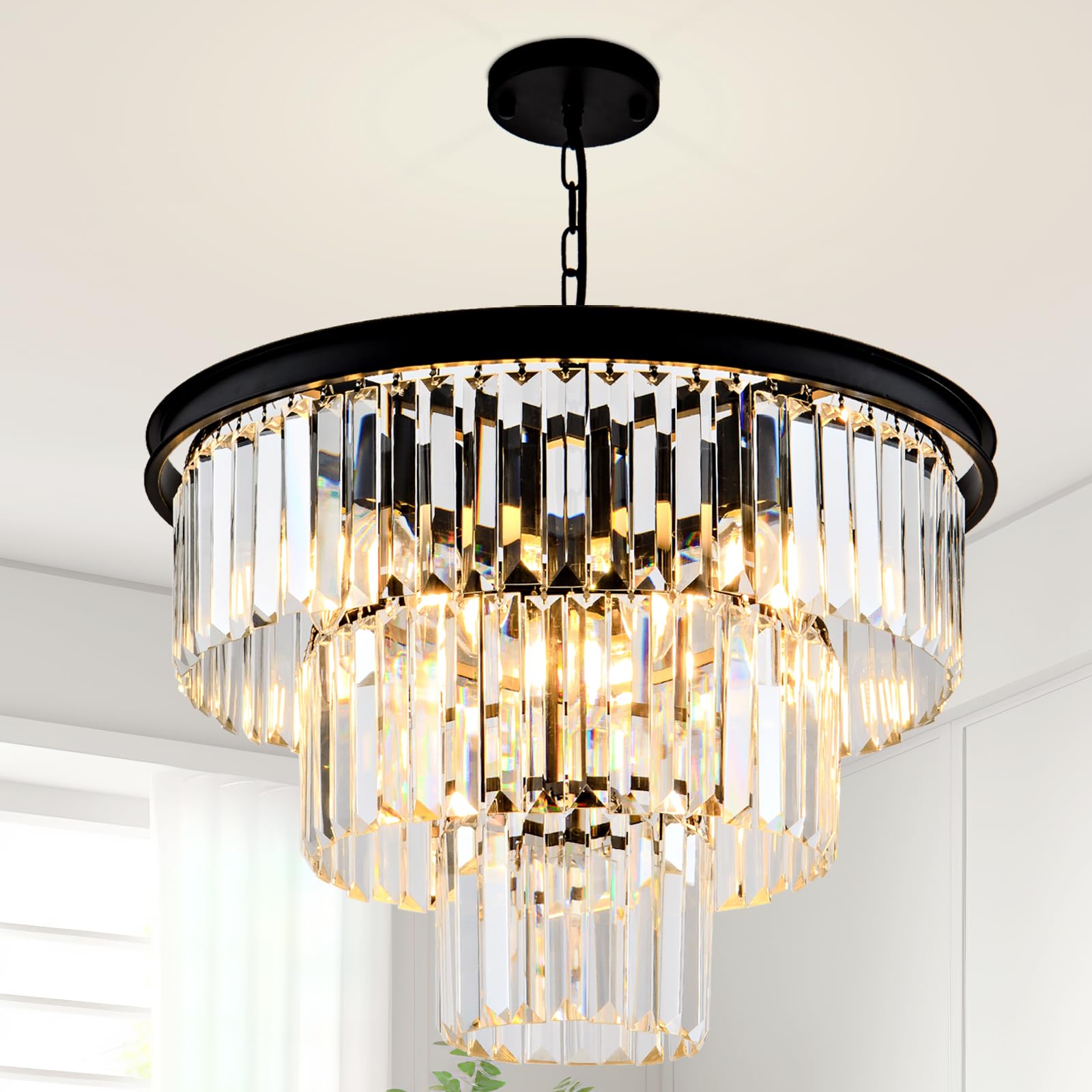 HCCZ 8 Light Modern Crystal Chandelier 20'' Black Chandeliers for Dining Room Contemporary Pendant Light Fixture Round 3-Tier Adjustable Height E12 for Living Room, Foyer, Entryway, Bedroom