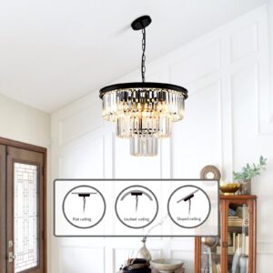 HCCZ 8 Light Modern Crystal Chandelier 20'' Black Chandeliers for Dining Room Contemporary Pendant Light Fixture Round 3-Tier Adjustable Height E12 for Living Room, Foyer, Entryway, Bedroom