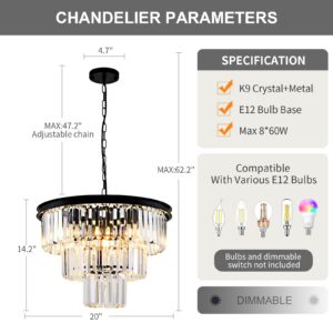 HCCZ 8 Light Modern Crystal Chandelier 20'' Black Chandeliers for Dining Room Contemporary Pendant Light Fixture Round 3-Tier Adjustable Height E12 for Living Room, Foyer, Entryway, Bedroom