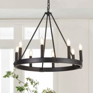 8-light farmhouse wagon wheel chandelier, d24" black round chandeliers for dining room, modern industrial kitchen island pendant light fixtures for foyer living room entryway bedroom, e12 socket