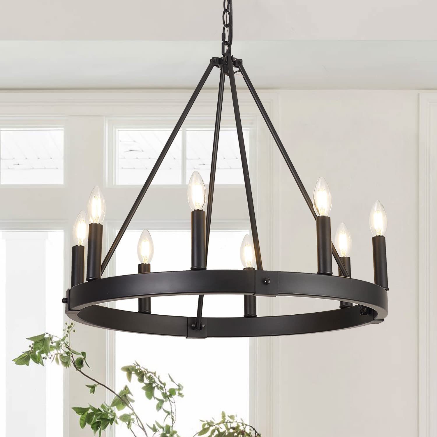 8-Light Farmhouse Wagon Wheel Chandelier, D24" Black Round Chandeliers for Dining Room, Modern Industrial Kitchen Island Pendant Light Fixtures for Foyer Living Room Entryway Bedroom, E12 Socket