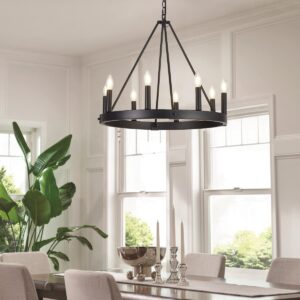 8-Light Farmhouse Wagon Wheel Chandelier, D24" Black Round Chandeliers for Dining Room, Modern Industrial Kitchen Island Pendant Light Fixtures for Foyer Living Room Entryway Bedroom, E12 Socket