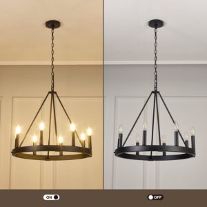 8-Light Farmhouse Wagon Wheel Chandelier, D24" Black Round Chandeliers for Dining Room, Modern Industrial Kitchen Island Pendant Light Fixtures for Foyer Living Room Entryway Bedroom, E12 Socket